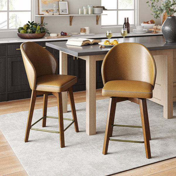 Corrigan Studio® Markavious Mid-Century Faux Leather Swivel Stool with Solid Wood Legs | Wayfair